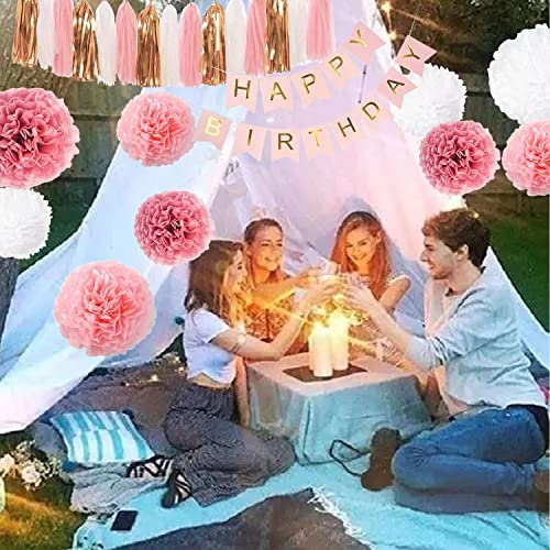 Pink Gold Birthday Party Decorations Set, pink Gold Glittery Happy Birthday banner, Tissue Paper Pom, Tassel Garland for Birthday Party Decorations for Man Women Birthday Party Decorations