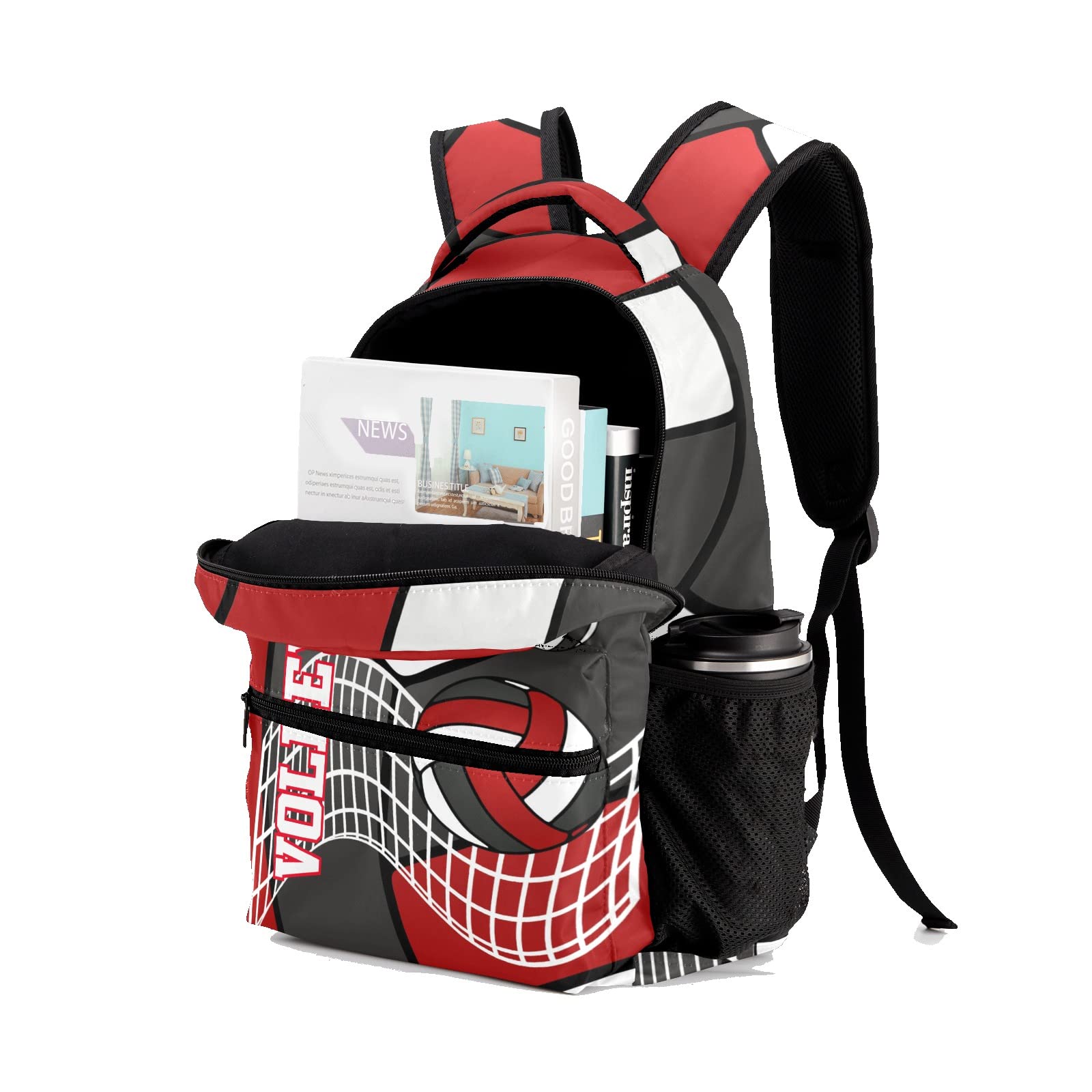 Zaaprint Customized Volleyball White Red Black Waterproof Backpack with Name for Hiking Camping Picnic