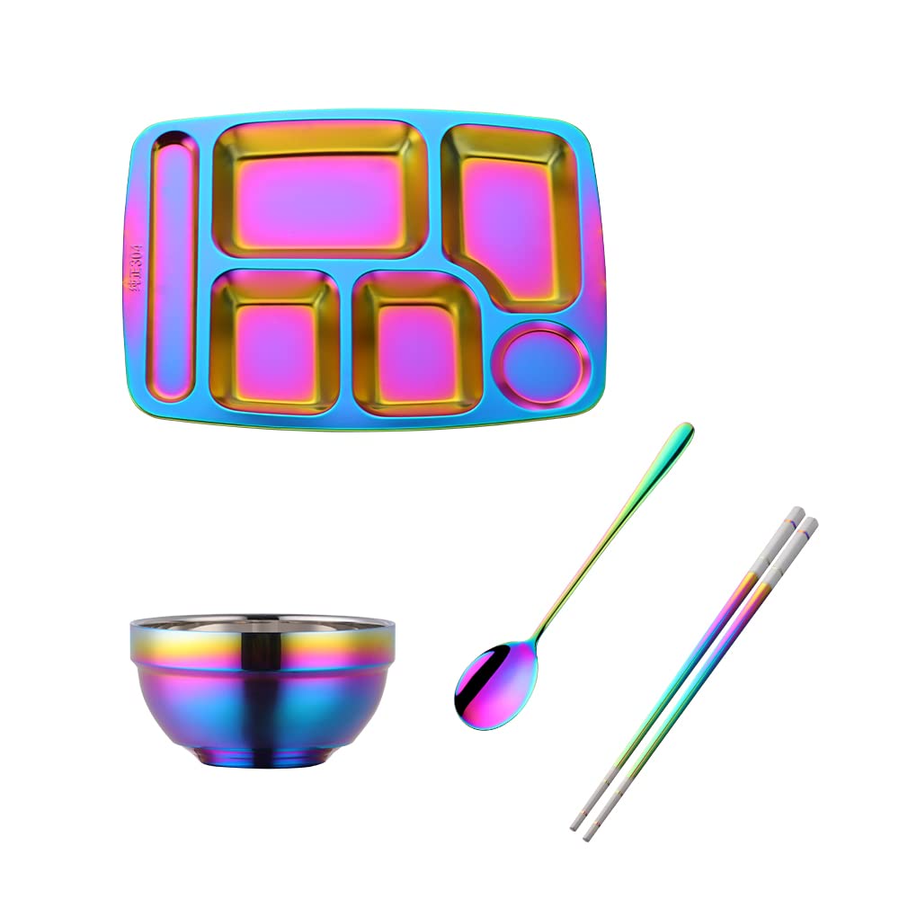 QOBIMOON 18/8 Stainless Steel Divided Plate, Food Trays 4 Section Dinner Plate with Bowl, Chosticks and Spoon, Camping Dishes, Adult Lunch and Dinner-Rainbow Color