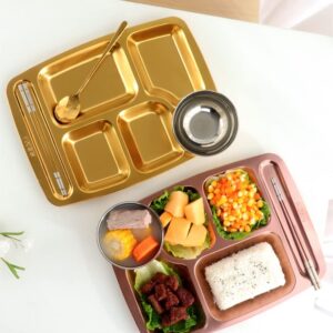 QOBIMOON 18/8 Stainless Steel Divided Plate, Food Trays 4 Section Dinner Plate with Bowl, Chosticks and Spoon, Camping Dishes, Adult Lunch and Dinner-Rainbow Color