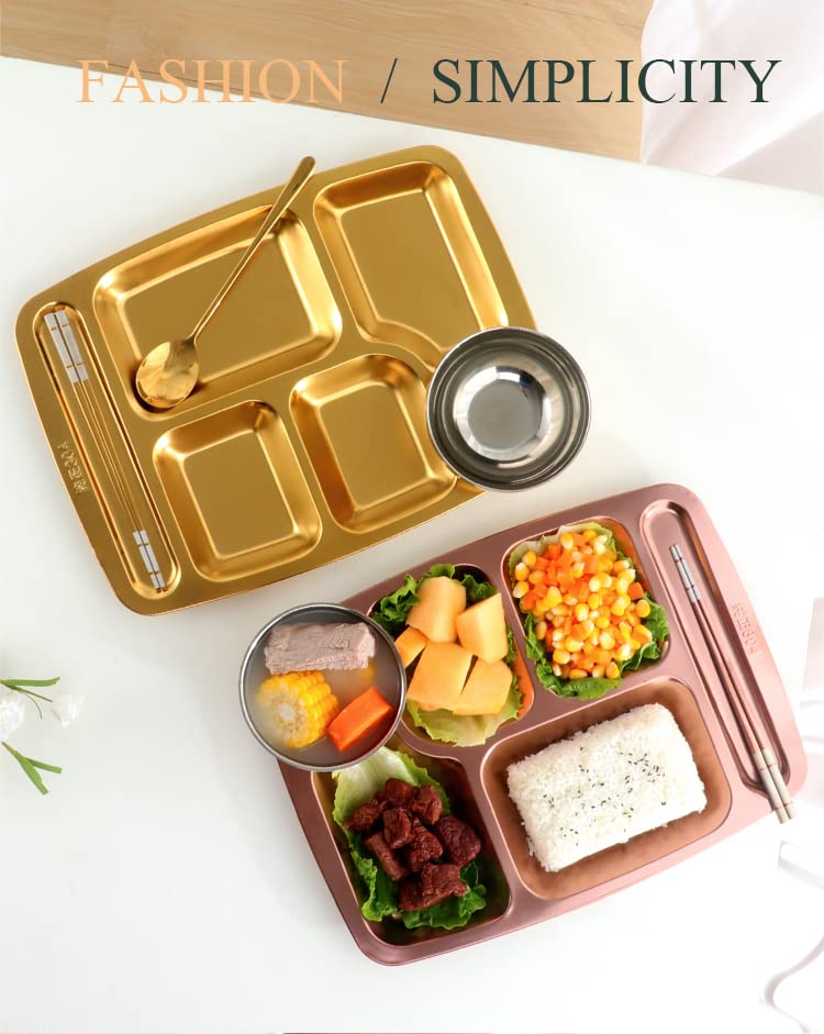 QOBIMOON 18/8 Stainless Steel Divided Plate, Food Trays 4 Section Dinner Plate with Bowl, Chosticks and Spoon, Camping Dishes, Adult Lunch and Dinner-Rainbow Color