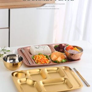 QOBIMOON 18/8 Stainless Steel Divided Plate, Food Trays 4 Section Dinner Plate with Bowl, Chosticks and Spoon, Camping Dishes, Adult Lunch and Dinner-Rainbow Color