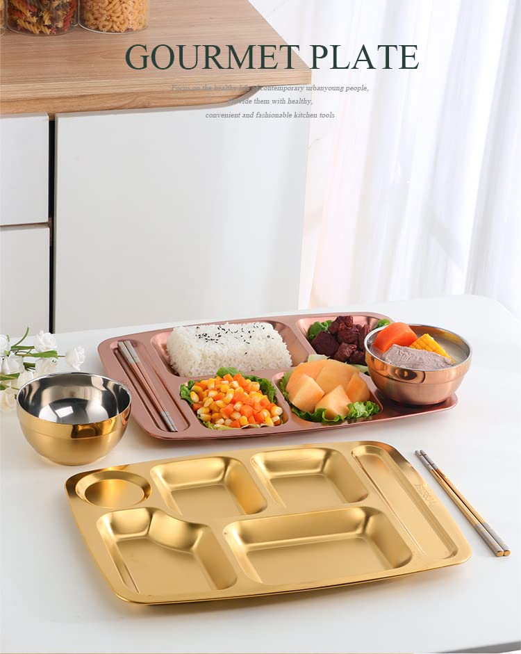 QOBIMOON 18/8 Stainless Steel Divided Plate, Food Trays 4 Section Dinner Plate with Bowl, Chosticks and Spoon, Camping Dishes, Adult Lunch and Dinner-Rainbow Color