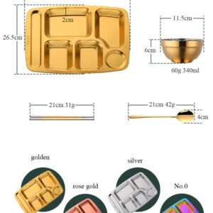 QOBIMOON 18/8 Stainless Steel Divided Plate, Food Trays 4 Section Dinner Plate with Bowl, Chosticks and Spoon, Camping Dishes, Adult Lunch and Dinner-Rainbow Color