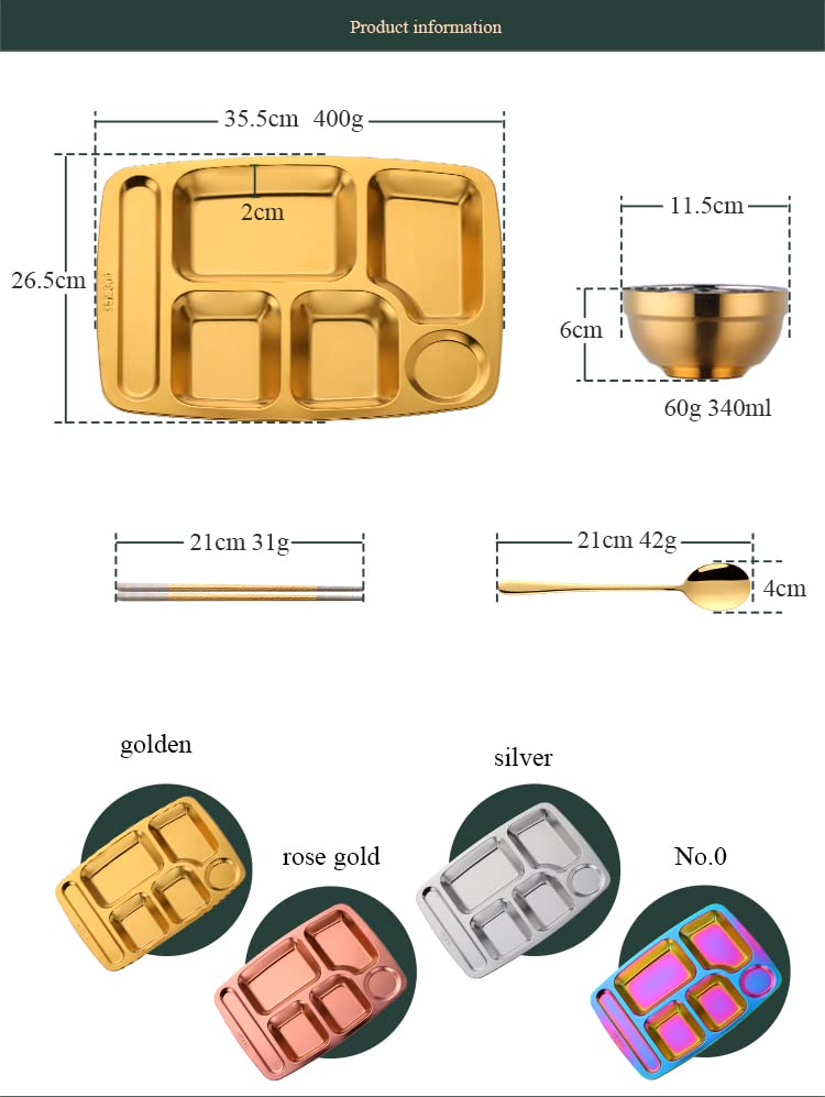 QOBIMOON 18/8 Stainless Steel Divided Plate, Food Trays 4 Section Dinner Plate with Bowl, Chosticks and Spoon, Camping Dishes, Adult Lunch and Dinner-Rainbow Color