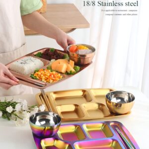 QOBIMOON 18/8 Stainless Steel Divided Plate, Food Trays 4 Section Dinner Plate with Bowl, Chosticks and Spoon, Camping Dishes, Adult Lunch and Dinner-Rainbow Color