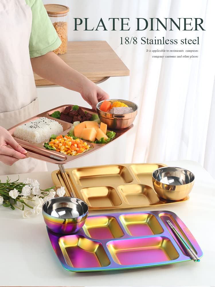 QOBIMOON 18/8 Stainless Steel Divided Plate, Food Trays 4 Section Dinner Plate with Bowl, Chosticks and Spoon, Camping Dishes, Adult Lunch and Dinner-Rainbow Color