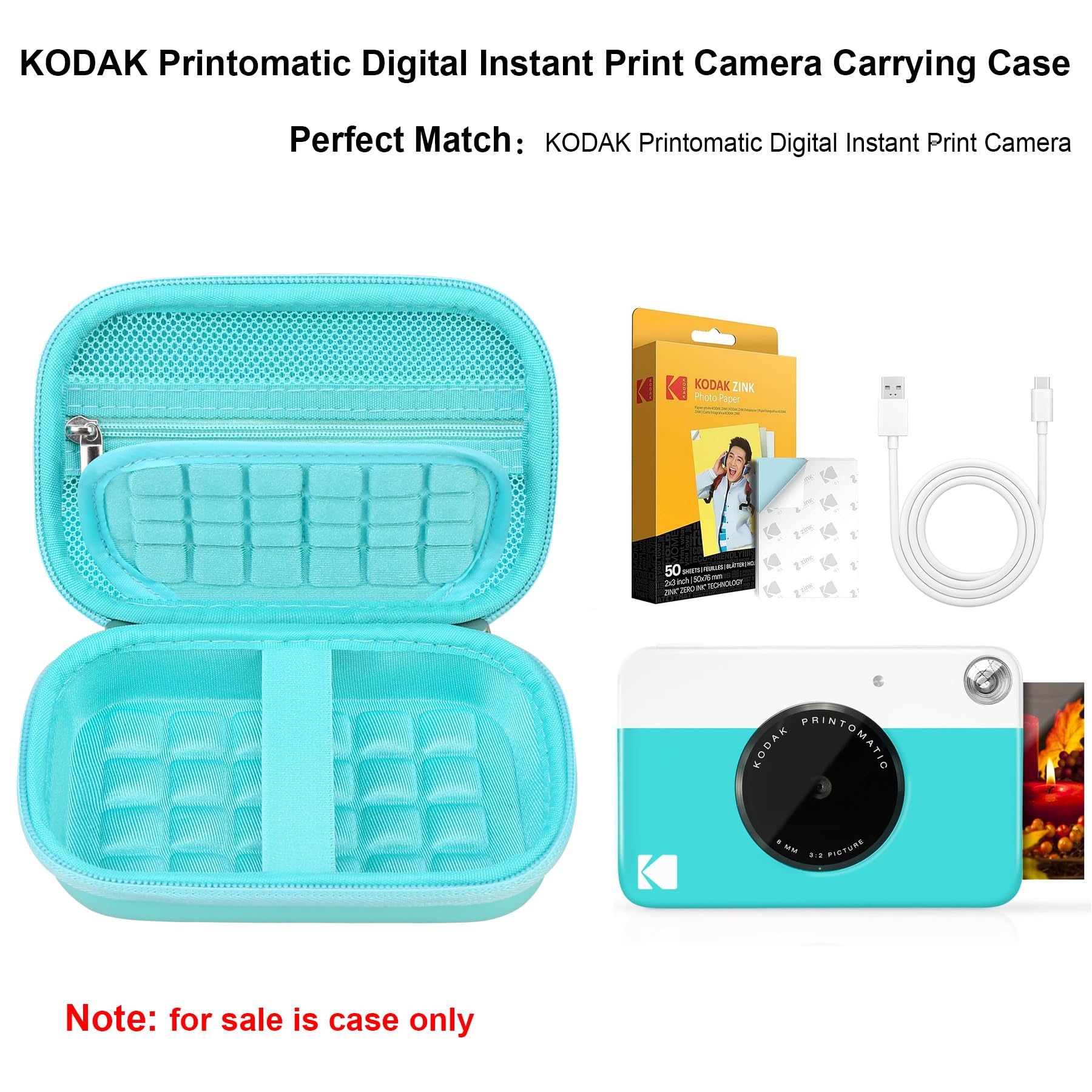 Elonbo Camera Carrying Case for KODAK Printomatic Digital Instant Print Camera, Portable Bluetooth Photo Printer Storage Holder Bag, ​Mesh Bag Fits Photo Paper,MicroSD Card,USB Cable, Green+Green