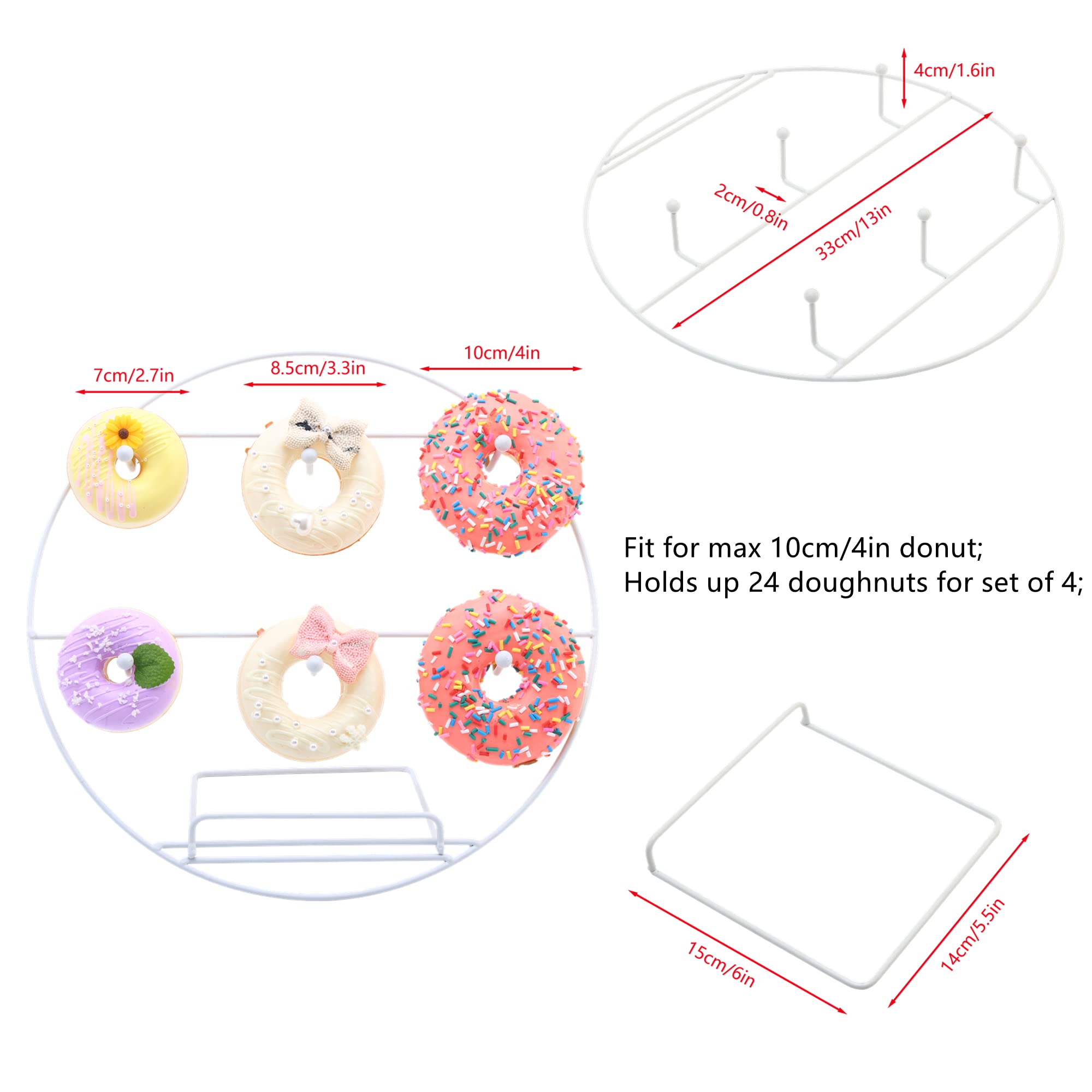 4 Pack Metal Donut Wall Display Stands Set, Reusable Doughnut Bagel Holder White Round Donuts Stand Rack Holds up 10cm 24 Donuts for Dessert Display Table Treat Parties Decorations