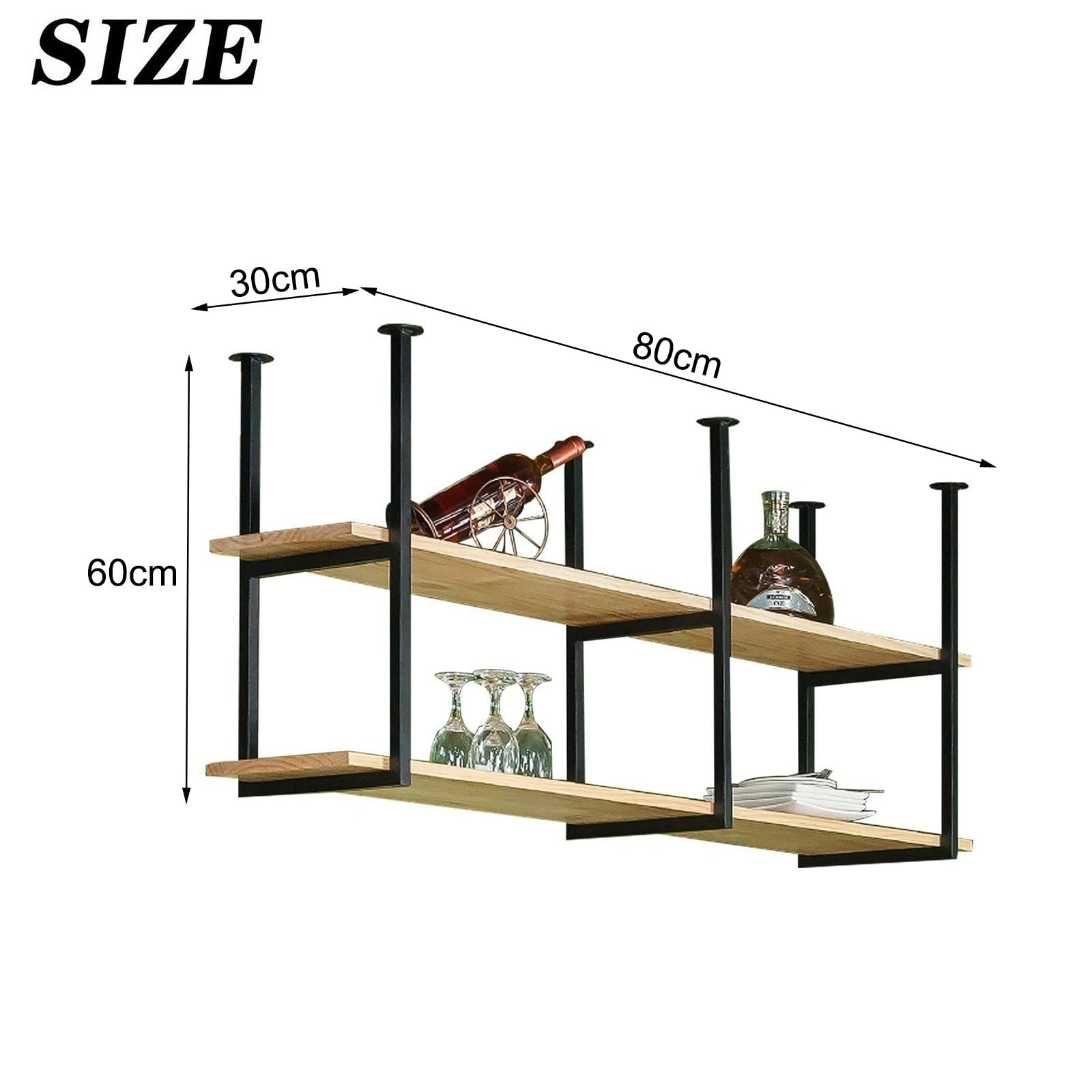 Ceiling Shelf, Floating Shelves Kitchen Storage Wine Rack, Industrial Ceiling Mount Shelf 2 layer, Wine bottle, Wine Glass, Dish Storage Rack, for Restaurant, Bar, Kitchen (31.5×11.8×23.6in, Black)