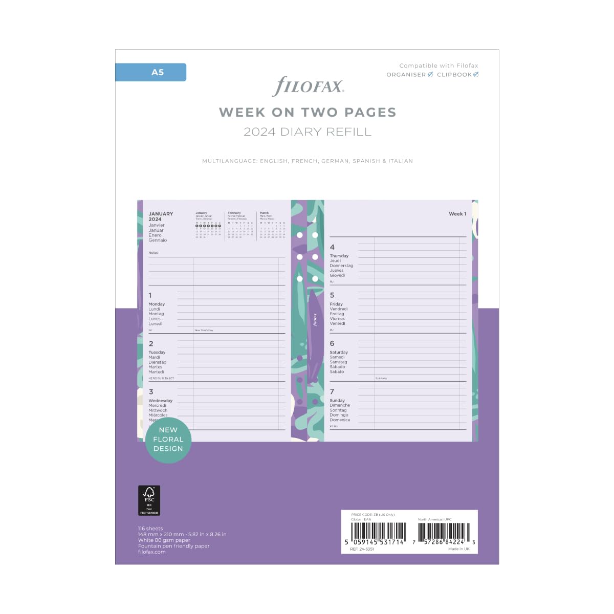 Filofax A5 Illustrated Floral Week on 2 Pages 2024 Diary Pack