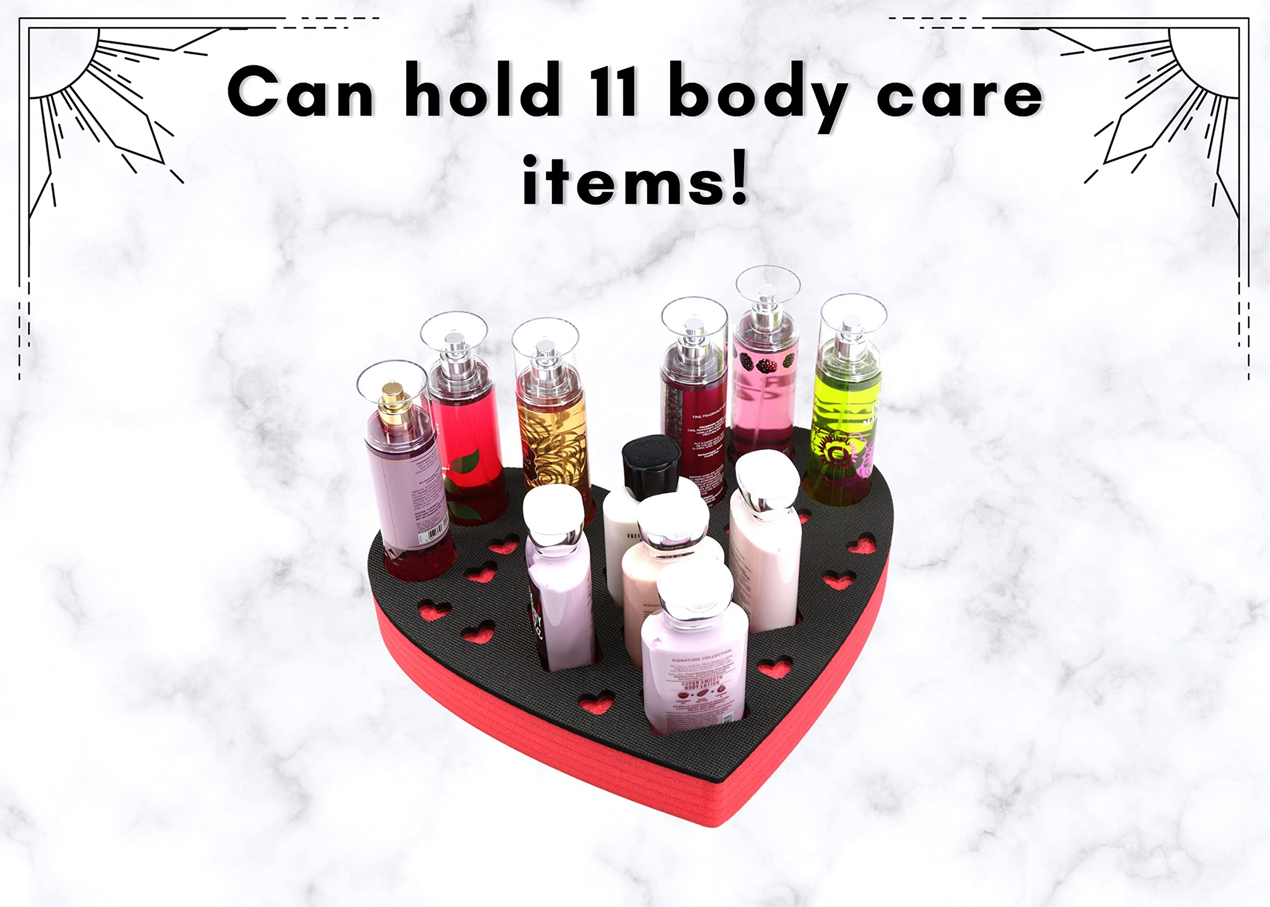 Polar Whale 2 Lotion and Body Spray Stand Organizers Heart Shaped Large Tray Red Black Durable Foam Washable Waterproof Insert for Home Bathroom Bedroom Office 15 x 12.5 x 2 Inches 11 Slots 2pc Pair