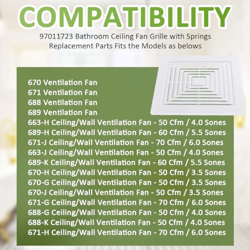 EAGLEGGO 97011723 Bathroom Ceiling Fan Grille with Springs for Square Ceiling or Wall-Mount Exhaust Fan Replacement Vent Cover Fits Models 663 670 671 675 688 Ventilation Fan - Plastic Cover White