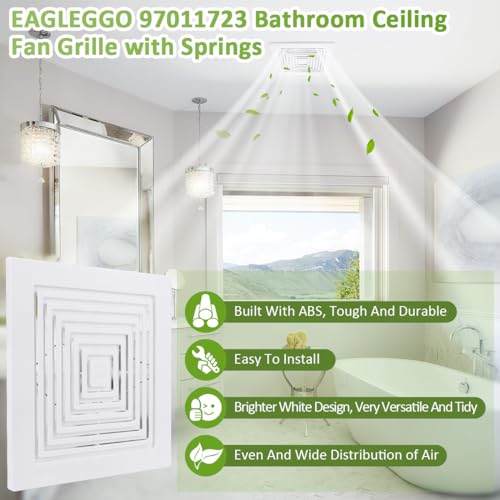 EAGLEGGO 97011723 Bathroom Ceiling Fan Grille with Springs for Square Ceiling or Wall-Mount Exhaust Fan Replacement Vent Cover Fits Models 663 670 671 675 688 Ventilation Fan - Plastic Cover White