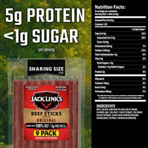 Jack Link's Beef Sticks, Original – Protein Snack, Meat Stick, Made with 100% Beef, No Added MSG** – 7.2 Oz.