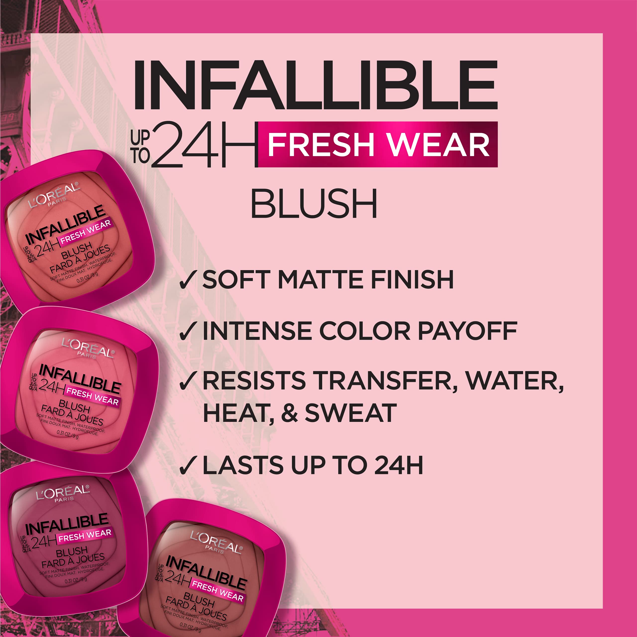 L'Oreal Paris Infallible Up to 24H Fresh Wear Soft Matte Blush, Blendable, Long-Lasting and Waterproof Cheek Make Up, Confident Pink 10, 0.31 Oz