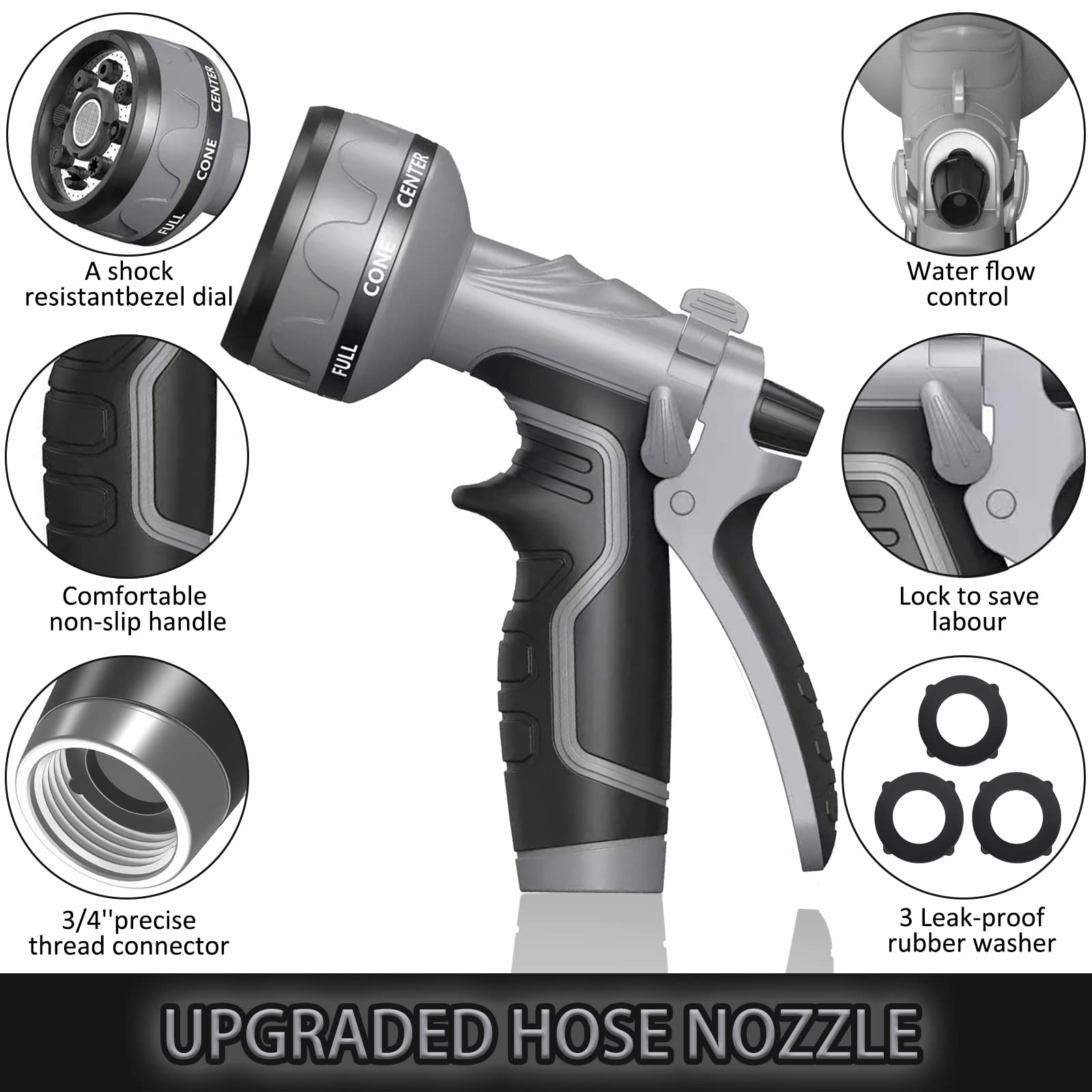 Garden Hose Nozzle,New Upgrade Hose Nozzle,8 Adjustable Watering Patterns Hose Sprayer Nozzle & Water Hose Nozzle, Hose Sprayer Suitable for Watering Plants/Washing Cars/Showering Pets (Grey)