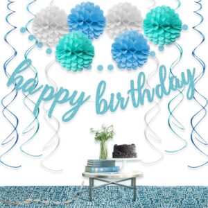 Aonor Happy Birthday Decorations - Glittery Blue Happy Birthday Banner Sign, Pom Poms Flowers, Glittery Circle Dots Garland and Hanging Swirls for Bluey Birthday Party Decorations