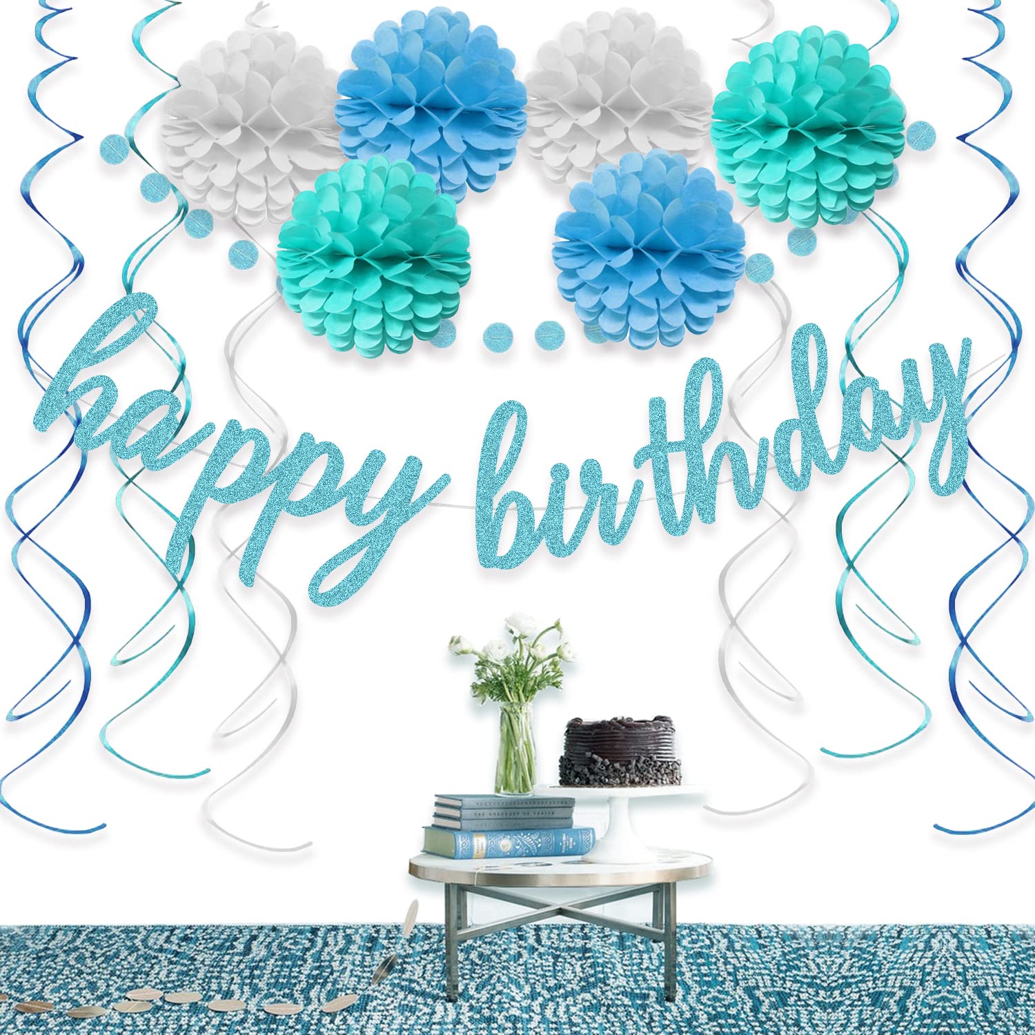 Aonor Happy Birthday Decorations - Glittery Blue Happy Birthday Banner Sign, Pom Poms Flowers, Glittery Circle Dots Garland and Hanging Swirls for Bluey Birthday Party Decorations