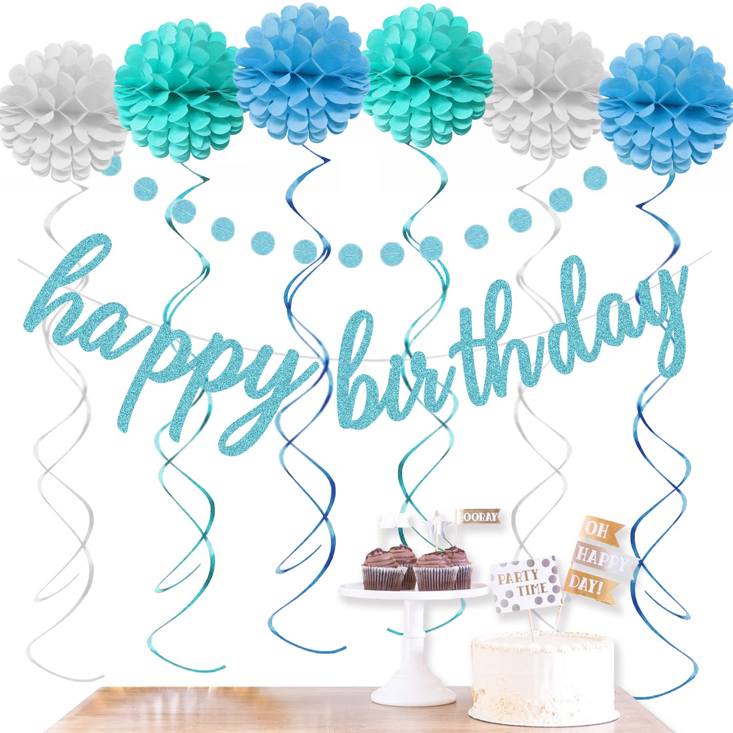 Aonor Happy Birthday Decorations - Glittery Blue Happy Birthday Banner Sign, Pom Poms Flowers, Glittery Circle Dots Garland and Hanging Swirls for Bluey Birthday Party Decorations