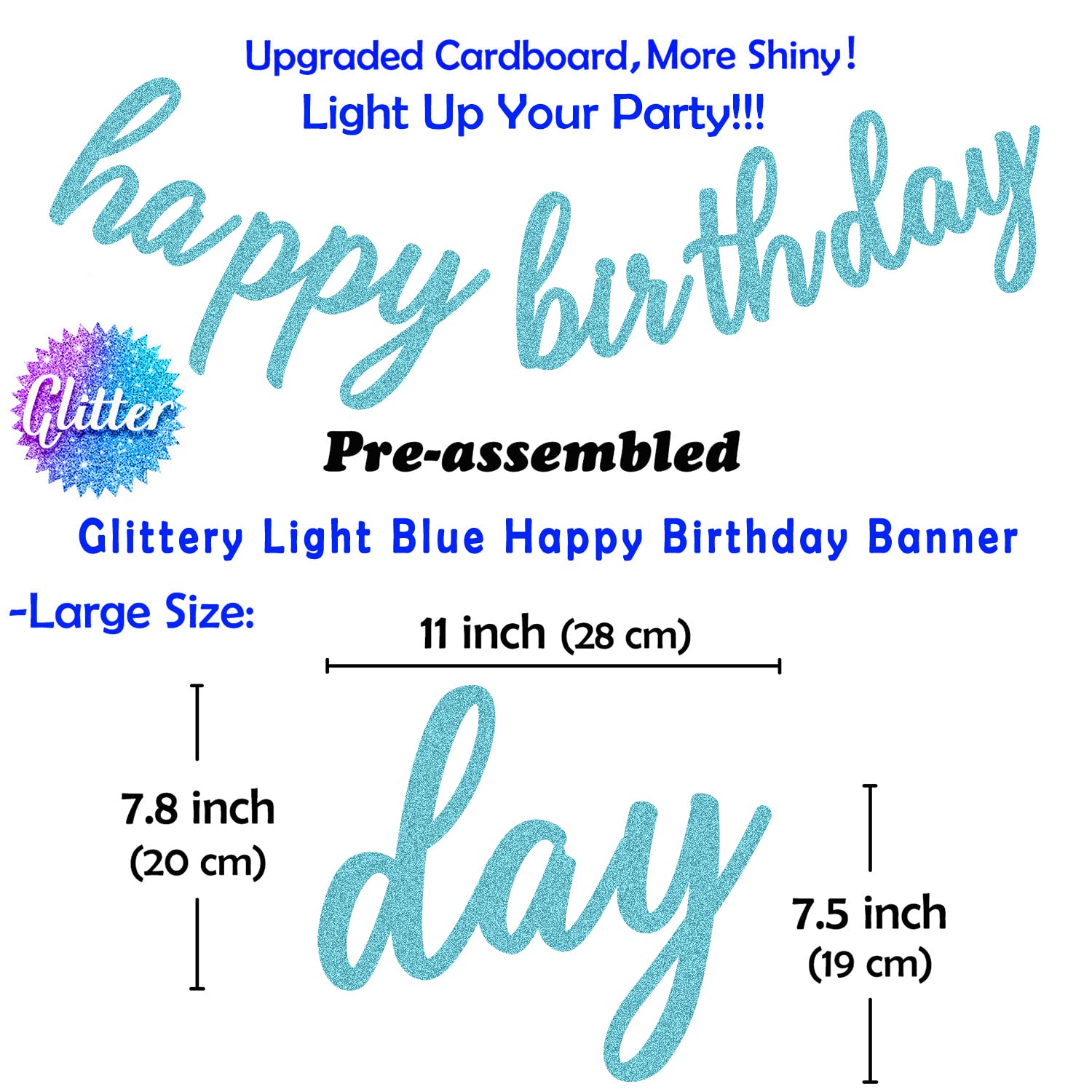 Aonor Happy Birthday Decorations - Glittery Blue Happy Birthday Banner Sign, Pom Poms Flowers, Glittery Circle Dots Garland and Hanging Swirls for Bluey Birthday Party Decorations