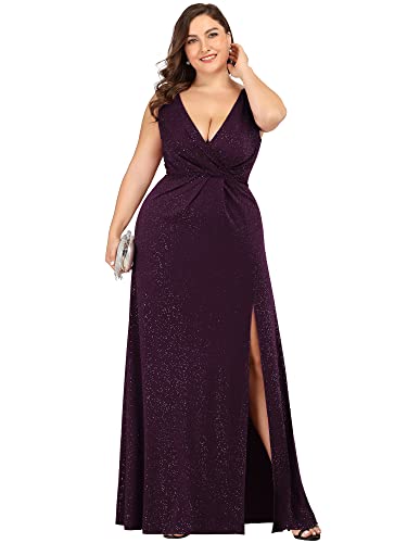 Ever-Pretty Women's Plus Size Double V Neck Sleeveless Open Back Summer Wedding Guest Dresses Dark Purple US14