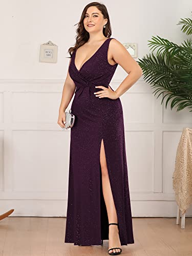 Ever-Pretty Women's Plus Size Double V Neck Sleeveless Open Back Summer Wedding Guest Dresses Dark Purple US14