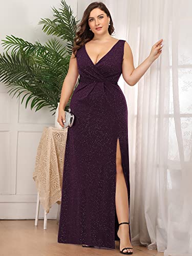 Ever-Pretty Women's Plus Size Double V Neck Sleeveless Open Back Summer Wedding Guest Dresses Dark Purple US14