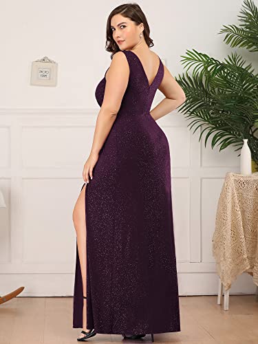 Ever-Pretty Women's Plus Size Double V Neck Sleeveless Open Back Summer Wedding Guest Dresses Dark Purple US14