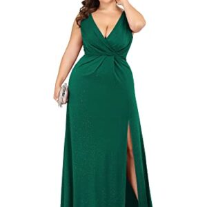 Ever-Pretty Summer V-Neck Side Slit Glitter Plus Size Summer Bridesmaid Dresses for Women Dark Green US18