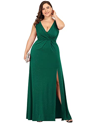 Ever-Pretty Summer V-Neck Side Slit Glitter Plus Size Summer Bridesmaid Dresses for Women Dark Green US18