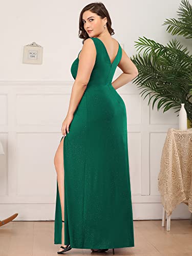 Ever-Pretty Summer V-Neck Side Slit Glitter Plus Size Summer Bridesmaid Dresses for Women Dark Green US18