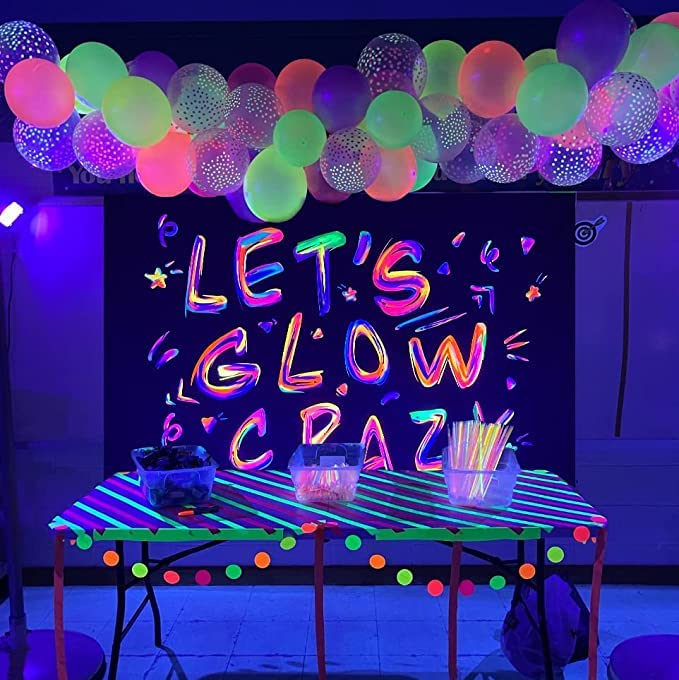 Ralxion Glow in The Dark Party Supplies Neon Party Backdrop Glow Party Supplies and Decorations Happy Birthday Let's Glow Crazy Backdrop Blacklight Reactive (Let's Glow Crazy, 6.5 x 5 ft)