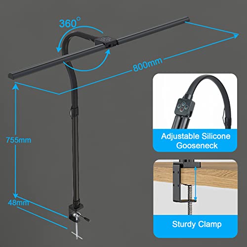 Anyuainiya Double Head LED Desk Lamp, 80CM/31.5IN Wide Lighting Architect Desk Lamps for Home Office, 24W 5 Color Flexible Adjustable Lighting Eye Protection Modern Desk Lamp for Study Reading