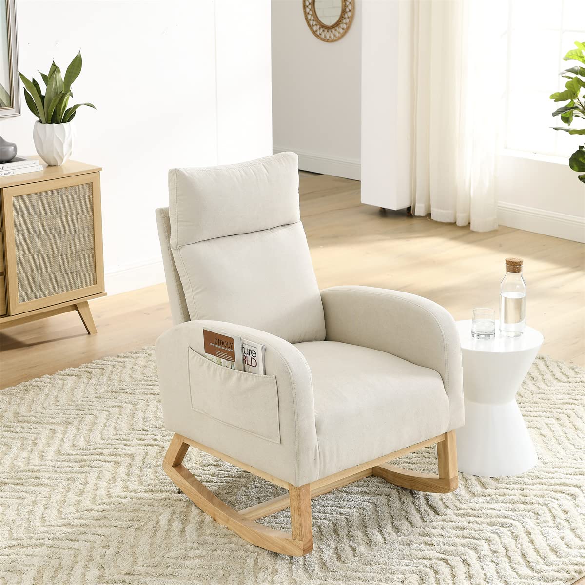 Fabric Rocking Chair Nursery Chair,Modern Upholstered High Back Glider Rocking Armchair,Comfy Rocker with Padded Seat and Wood Base,Two Side Pocket Accent Chair for Living Room Bedroom Office,Beige