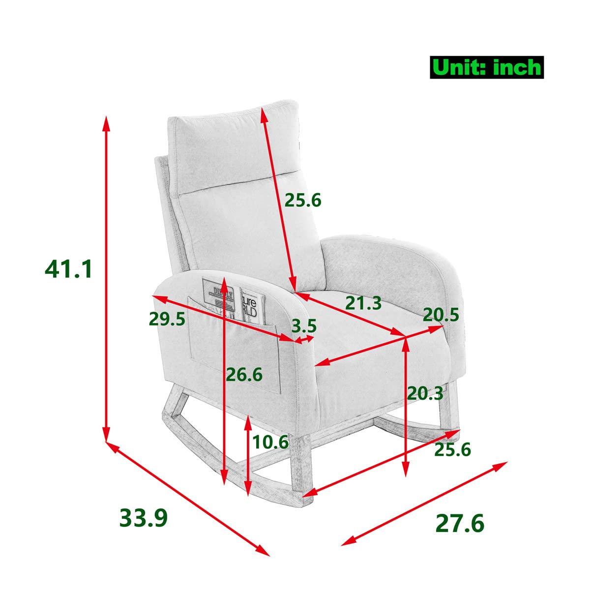 Fabric Rocking Chair Nursery Chair,Modern Upholstered High Back Glider Rocking Armchair,Comfy Rocker with Padded Seat and Wood Base,Two Side Pocket Accent Chair for Living Room Bedroom Office,Beige