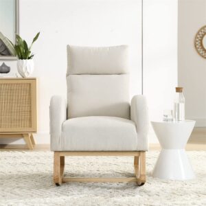 Fabric Rocking Chair Nursery Chair,Modern Upholstered High Back Glider Rocking Armchair,Comfy Rocker with Padded Seat and Wood Base,Two Side Pocket Accent Chair for Living Room Bedroom Office,Beige