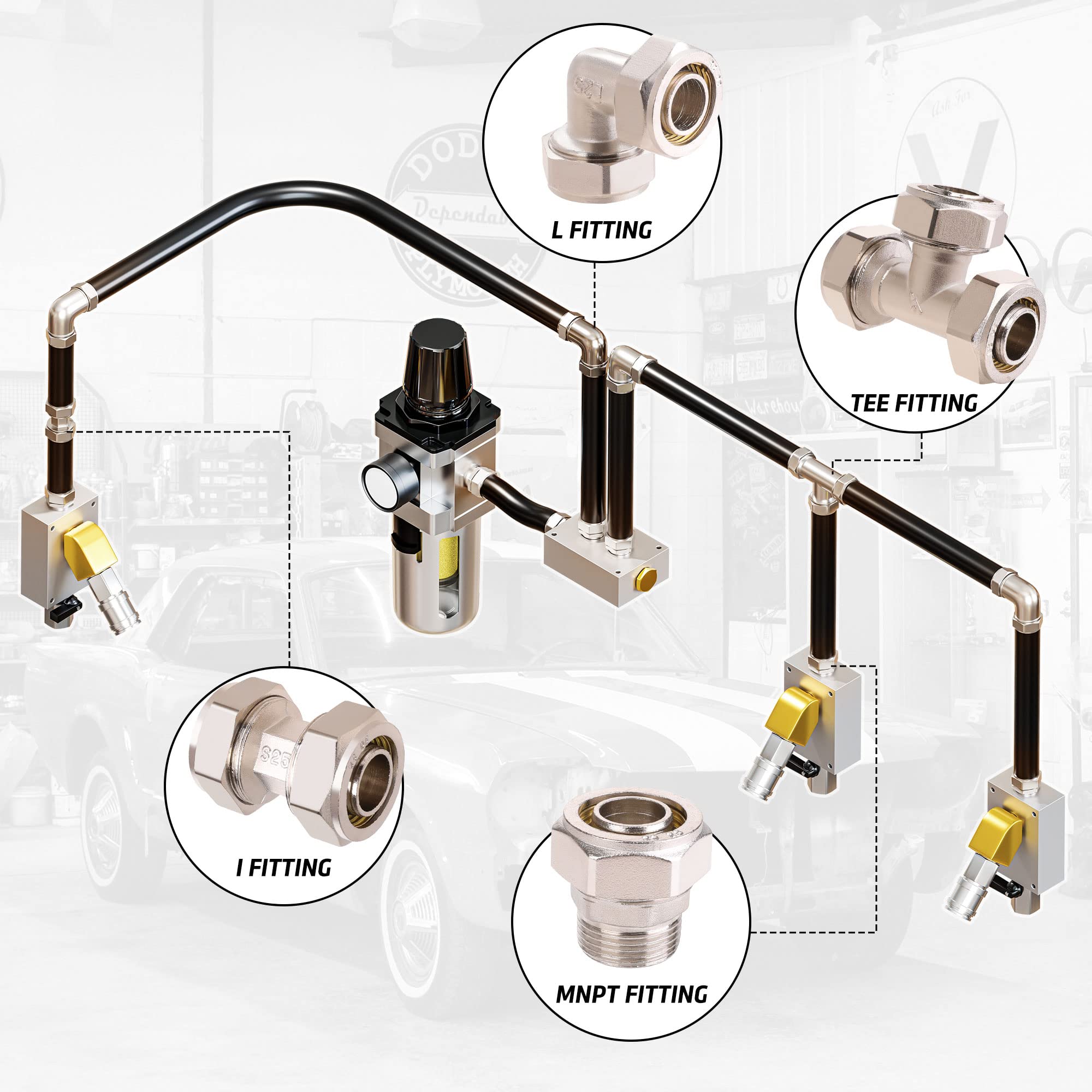 ANCIMOON 2PCS 3/4’’ Tee Air Piping Fittings, 3/4’’ Tubing x 3/4’’ Tubing x 3/4’’ Tubing, Brass-Nickel Plated, 200PSI Working Pressure, Air Line Fittings for Shop Garage Compressed Air Tube System