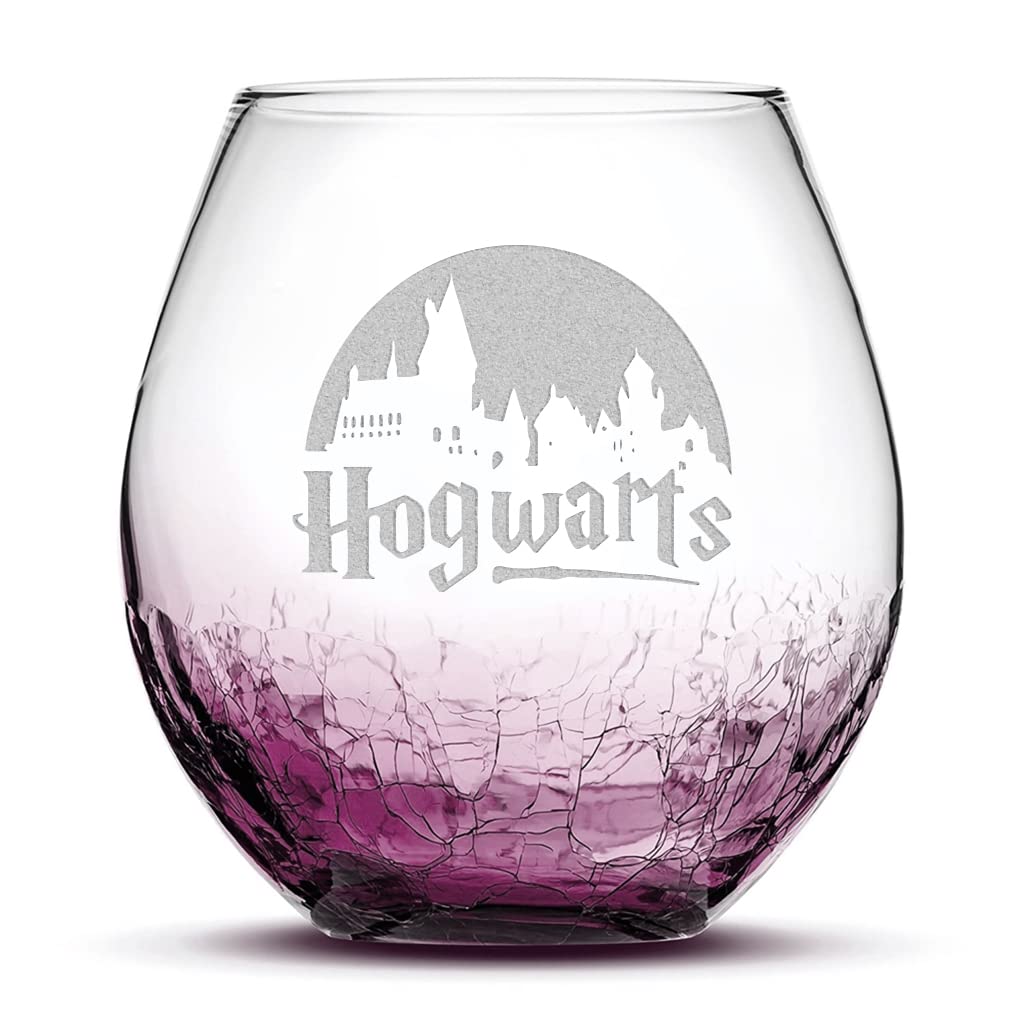 Integrity Bottles, School of Wizardry, Stemless Wine Glass, Handmade, Handblown, Hand Etched Gifts, Sand Carved, 18oz (Crackle Purple)