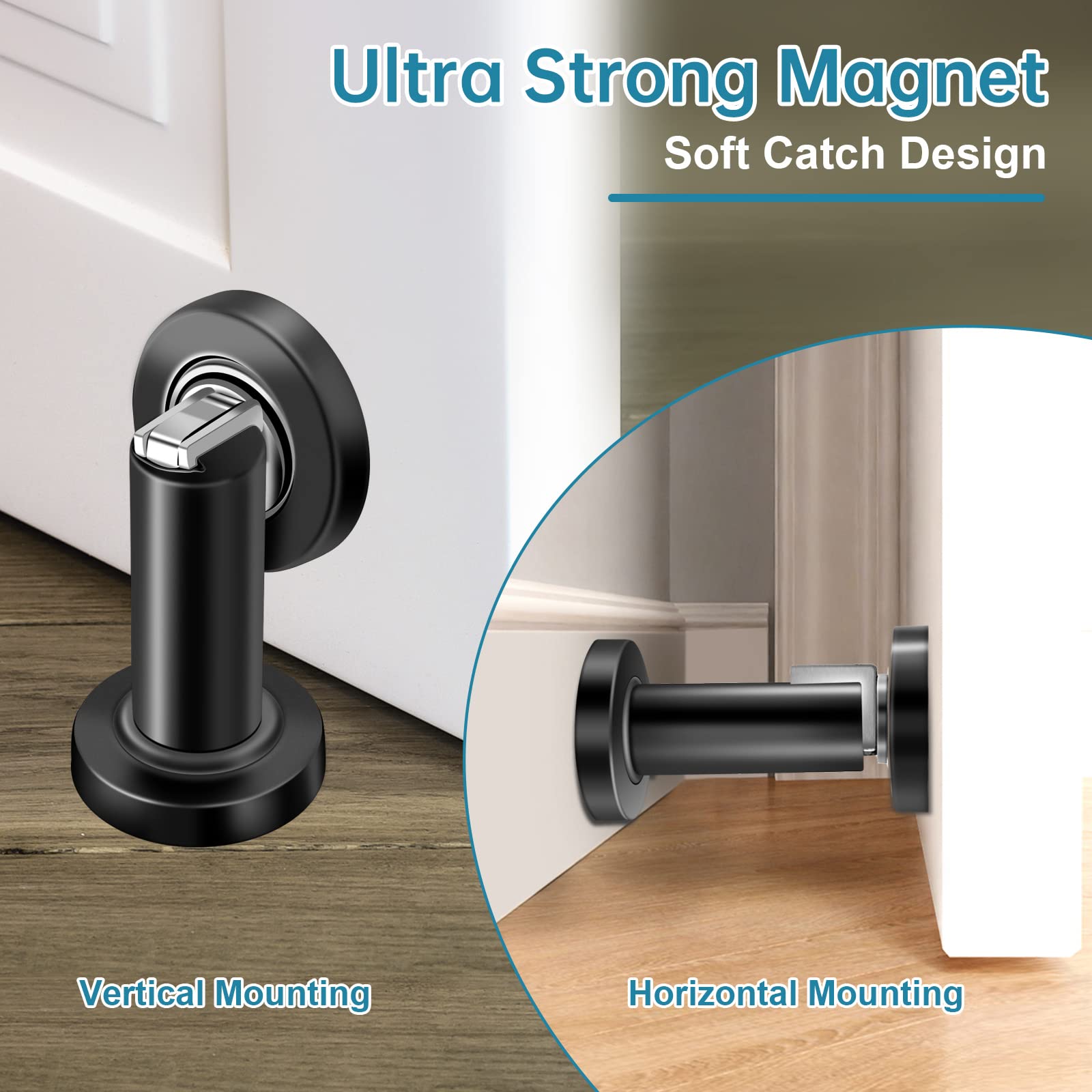 Door Stoppers, Magnetic Door Stop, Heavy Duty Stainless Steel Door Catch, Holder Your Door, Modern Wall/Ground Mount Door Stopper, Black, 2 Pack