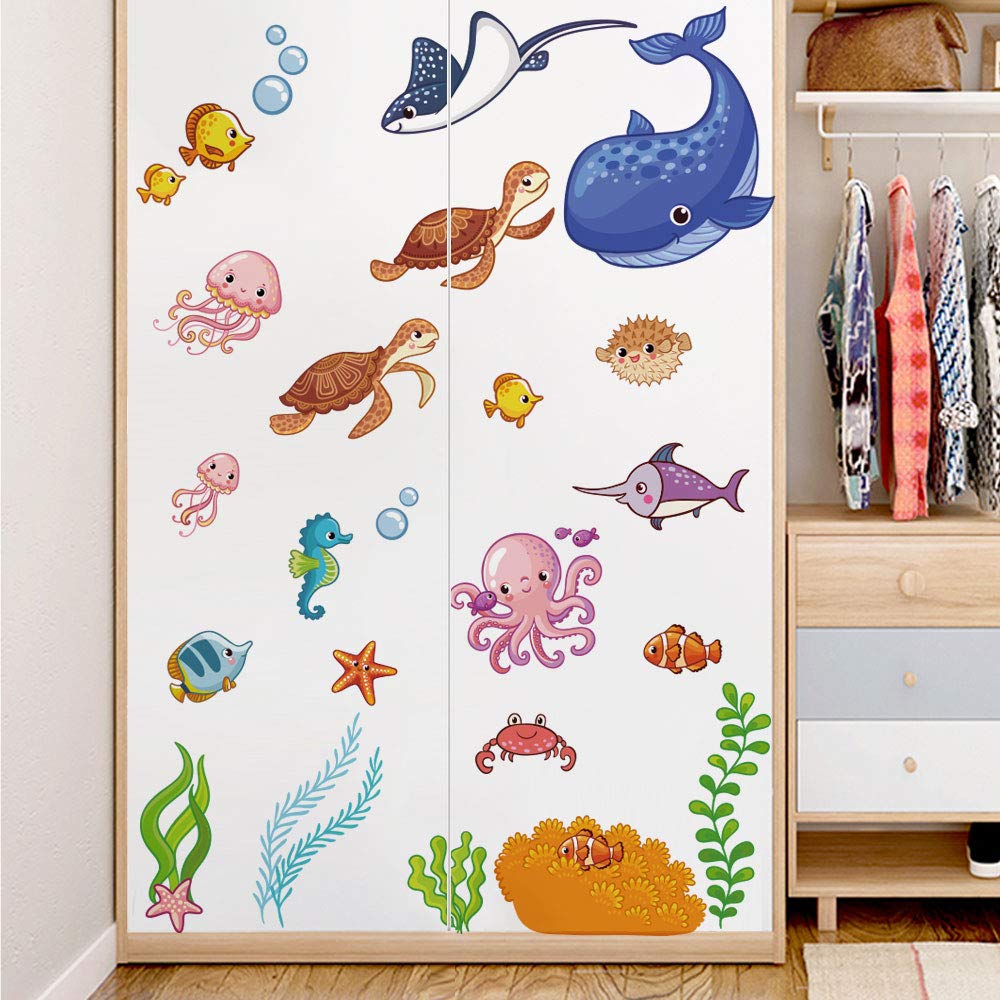 DKTIE Baby Wall Stickers for Bedroom Bathroom Pictures for Wall Baby Nursery Wall Decor Cartoon Marine Animals Bathtub Waterproof Decal (11.8" x 35.4", Marine Organism)