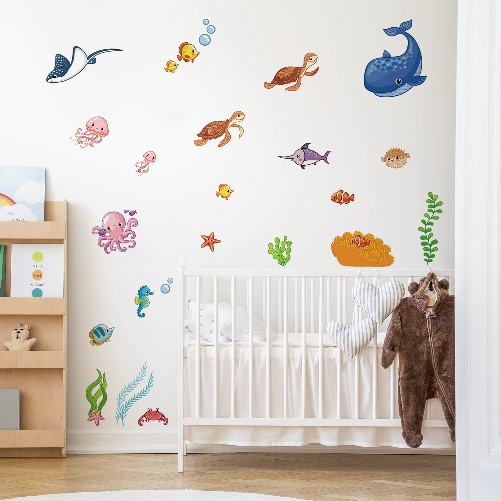 DKTIE Baby Wall Stickers for Bedroom Bathroom Pictures for Wall Baby Nursery Wall Decor Cartoon Marine Animals Bathtub Waterproof Decal (11.8" x 35.4", Marine Organism)