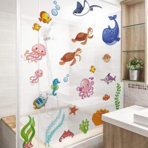 DKTIE Baby Wall Stickers for Bedroom Bathroom Pictures for Wall Baby Nursery Wall Decor Cartoon Marine Animals Bathtub Waterproof Decal (11.8" x 35.4", Marine Organism)