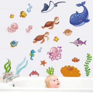 DKTIE Baby Wall Stickers for Bedroom Bathroom Pictures for Wall Baby Nursery Wall Decor Cartoon Marine Animals Bathtub Waterproof Decal (11.8" x 35.4", Marine Organism)