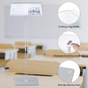 HMYHUM Small Acrylic Podium Stand, 17.7" L x 13" W x 41.7" H, Clear Lecterns & Pulpits for Classroom, Concert, Churches, Speech, Easy Assembly, Metal Base, Modern