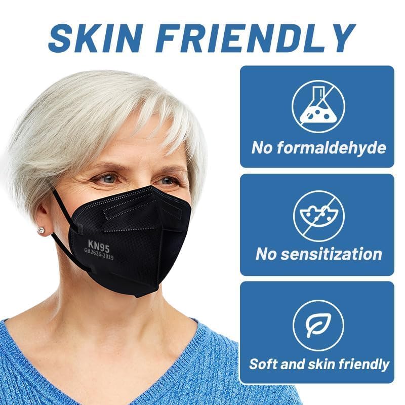 KN95 Face Masks Black Adults - 100 Pack KN95 Disposable Comfortable 5-Layer Safety Face Masks & 5 Adjustable KN95 Masks Extender Masks Large Size