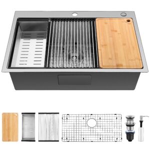 homikit 33 x22 inch kitchen sink with soap dispenser, 16 gauge stainless steel topmount drop in kitchen sinks single bowl 2-hole r10 corner, 10" deep large farmhouse workstation sink with accessories