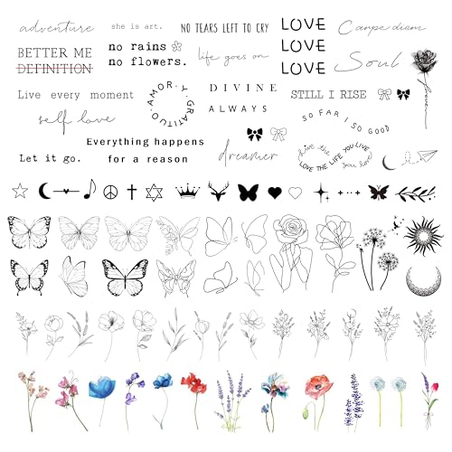 Realistic Temporary Tattoo - 86 Sheets Tiny Small Fake Tattoos, 24 Pcs Inspirational Quotes Words Fake Tattoo, 62 Pcs Long Lasting Wild Flower Floral Bouquet Leaf Adult Fake Tattoos Stickers