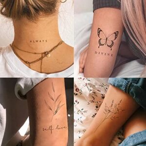 Realistic Temporary Tattoo - 86 Sheets Tiny Small Fake Tattoos, 24 Pcs Inspirational Quotes Words Fake Tattoo, 62 Pcs Long Lasting Wild Flower Floral Bouquet Leaf Adult Fake Tattoos Stickers