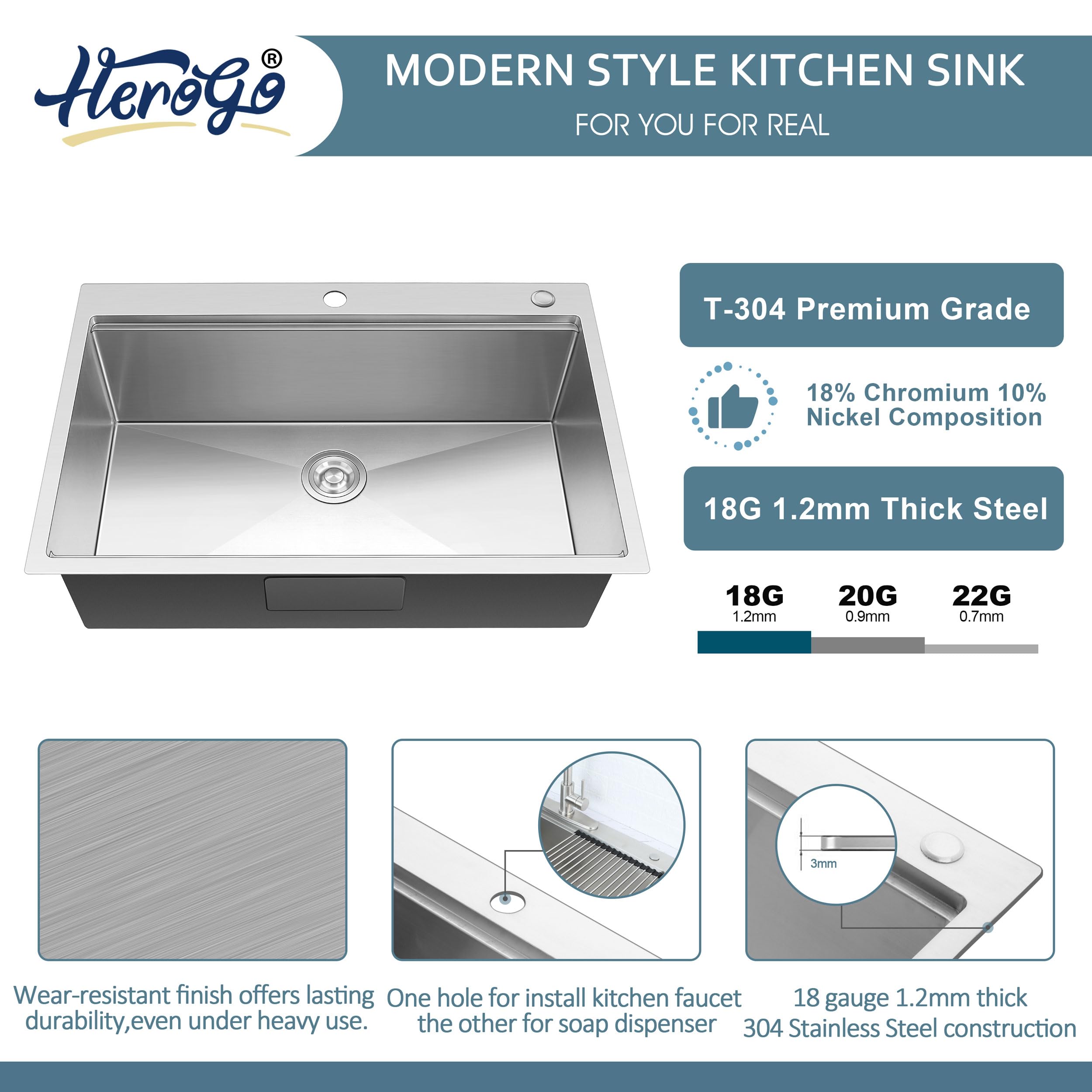 33x22Inch Drop In Kitchen Sink, Herogo Stainless Steel Single Bowl Kitchen Workstaion Sink Basin, Handmade 10'' Deep Kitchen Sink with Accessories